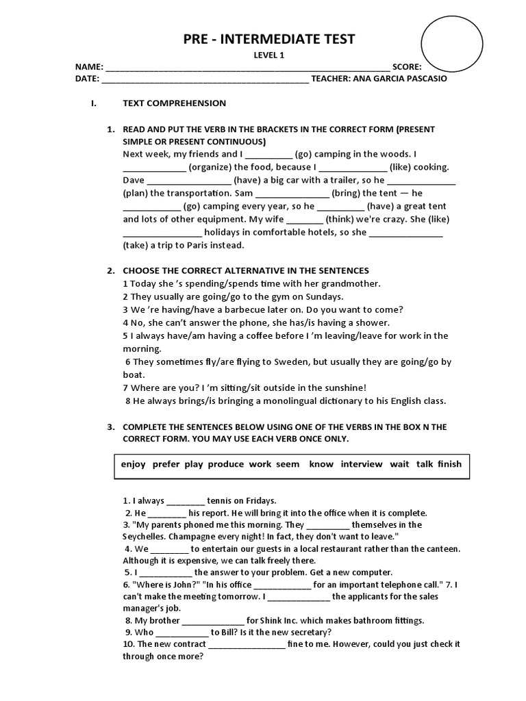 Pre - Intermediate Test: I. Text Comprehension 1 | PDF