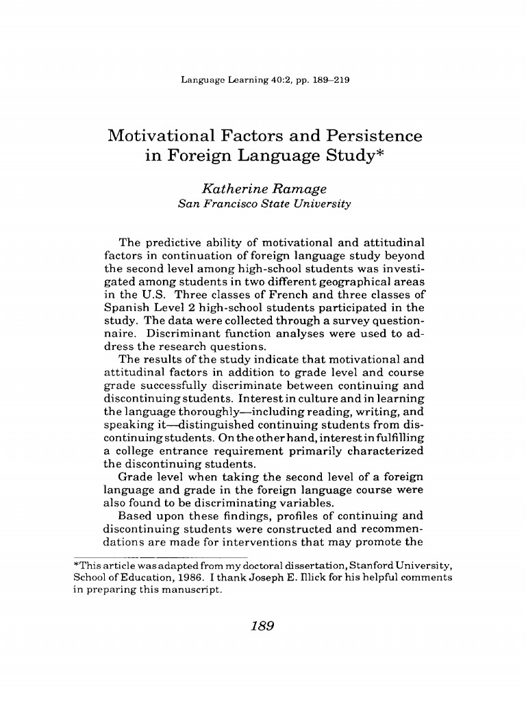Motivational Factors and Persistence in Foreign Language Study | PDF ...