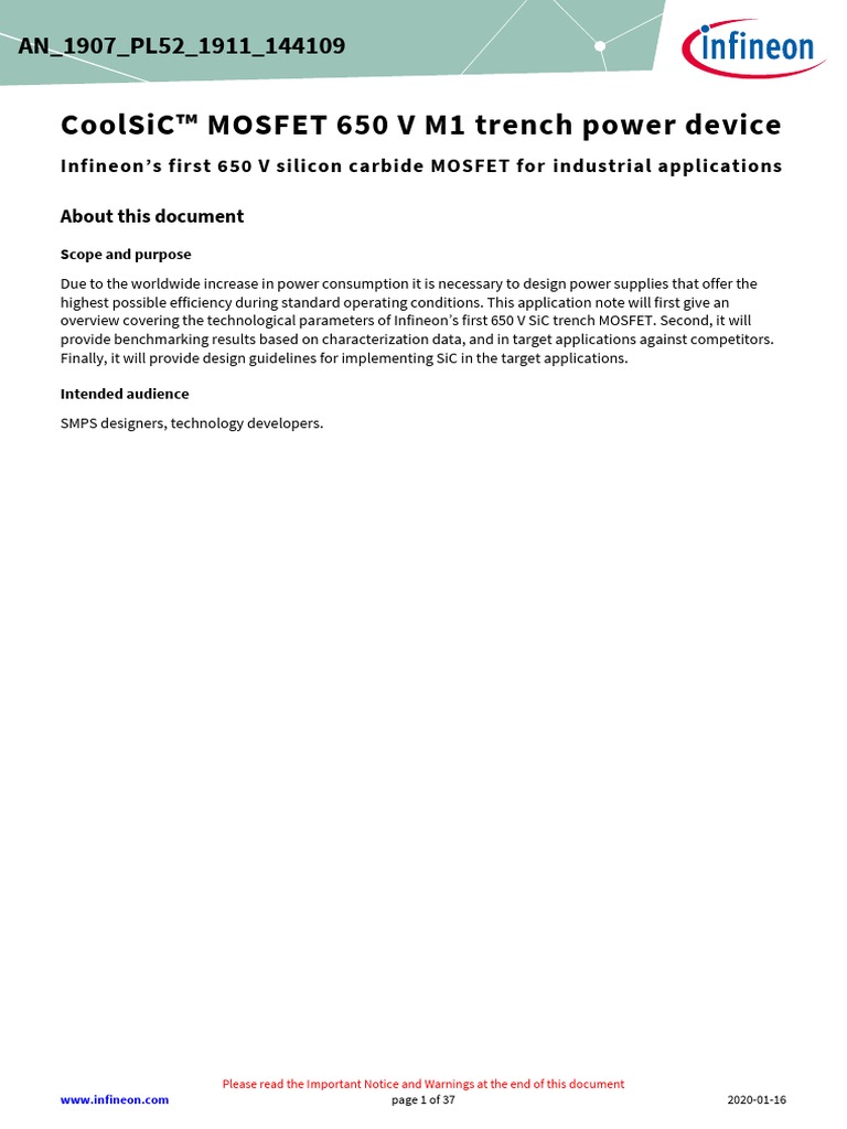Coolsic™ Mosfet 650 V M1 Trench Power Device: An - 1907 - Pl52 - 1911 ...