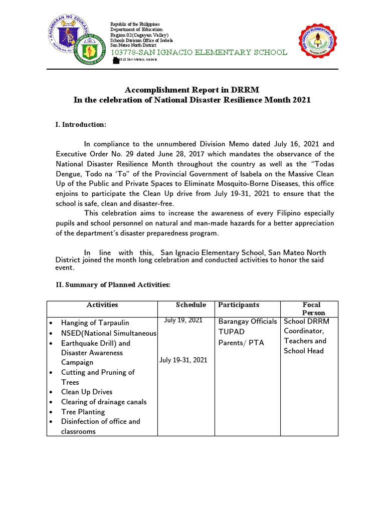 Accomplishment Report in DRRM Resilience Month 2021 | Download Free PDF ...