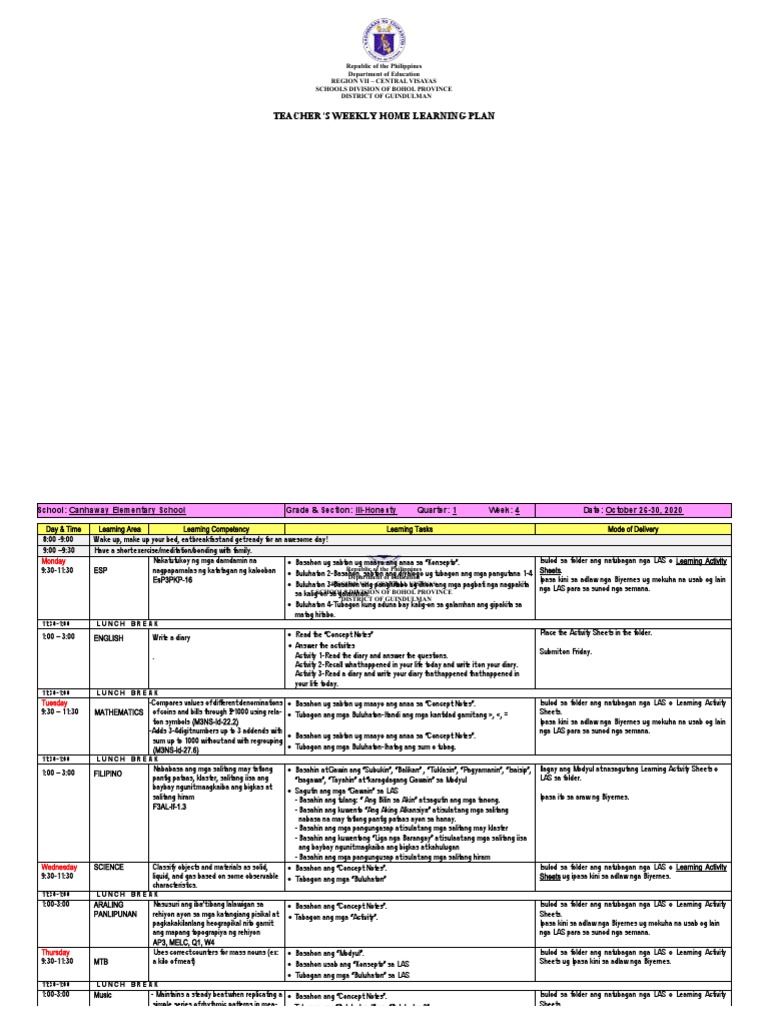 Gr.3 Week 4 Weekly Plan | PDF