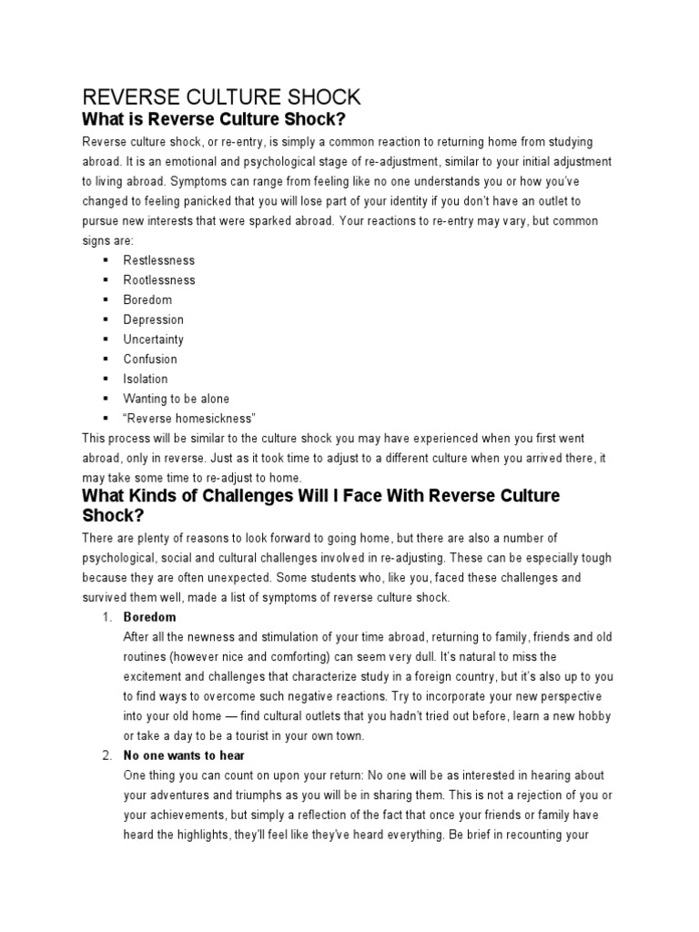 Reverse Culture Shock | PDF | Clinical Psychology | Psychological Concepts