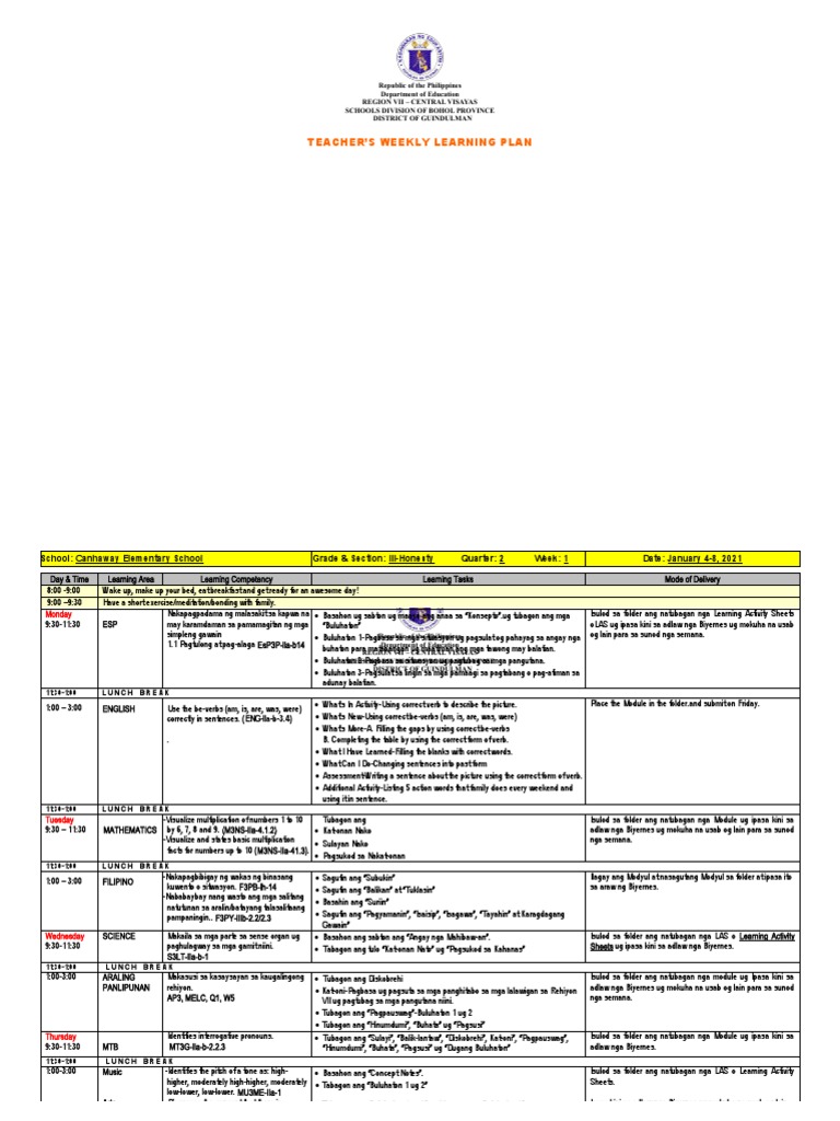 Teacher'S Weekly Learning Plan | PDF