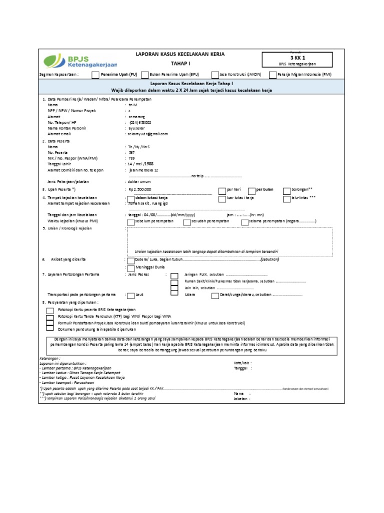 Formulir 3KK1 BPJS Ketenagakerjaan Tahap 1 | PDF