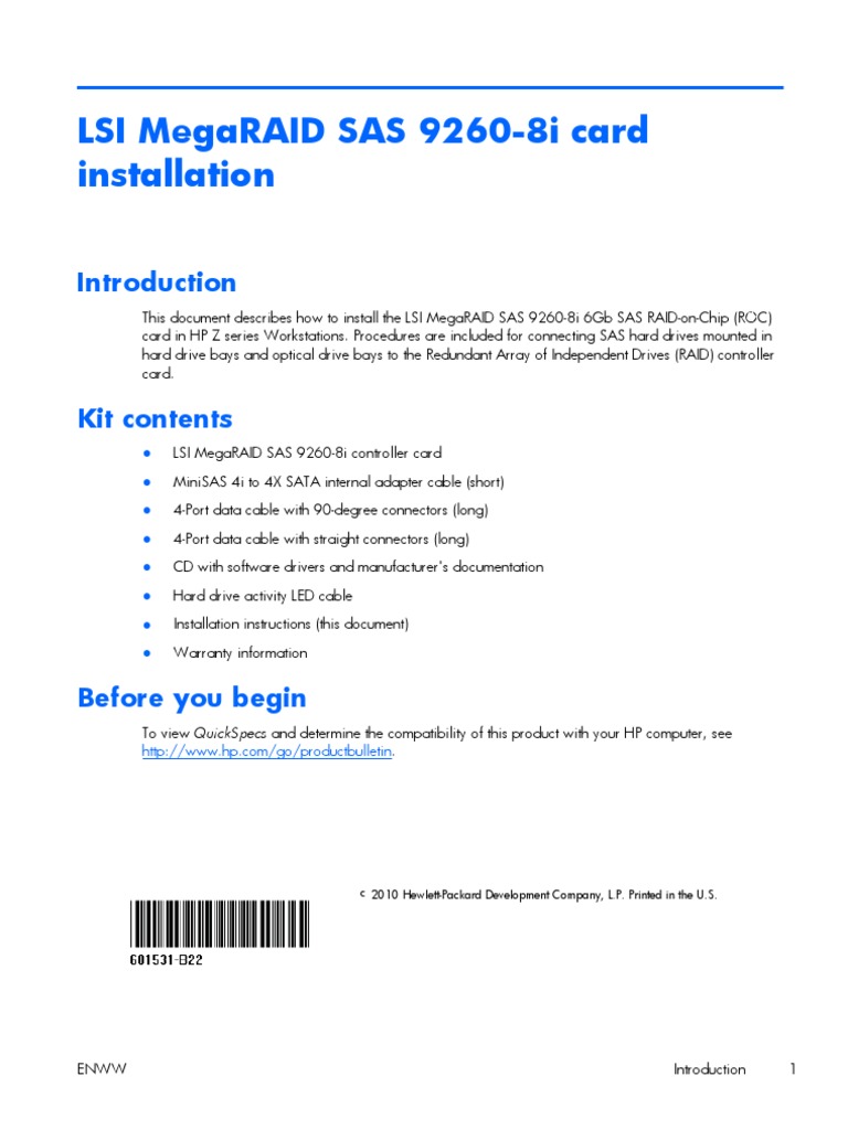 Lsi Megaraid Sas 9260-8I Card Installation: © 2010 Hewlett-Packard ...