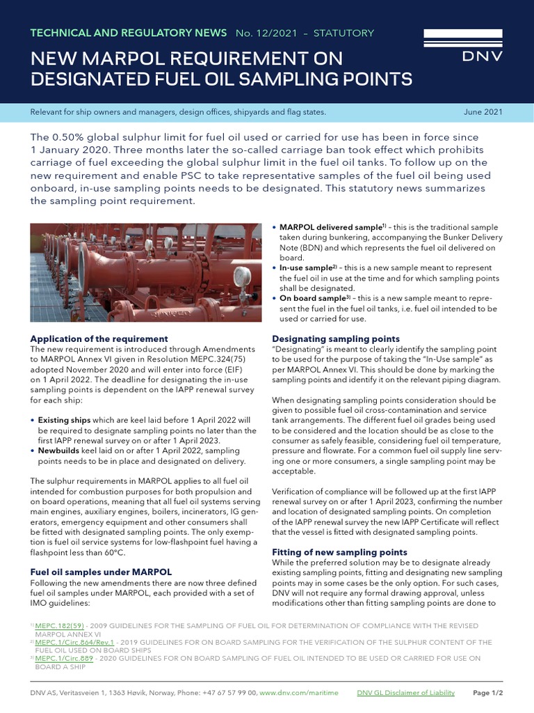 New MARPOL Fuel Oil Sampling Points | PDF | Fuel Oil | Valve