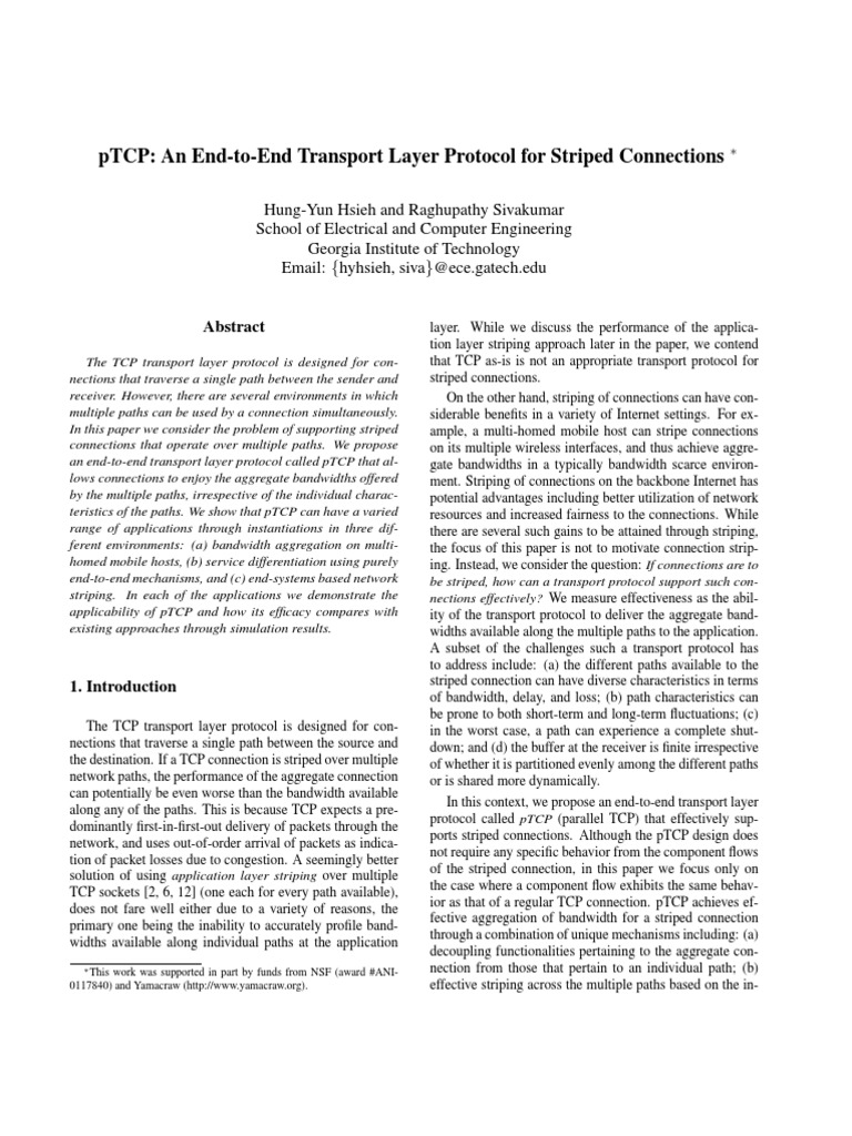 PTCP: An End-to-End Transport Layer Protocol For Striped Connections | PDF | Network Congestion ...