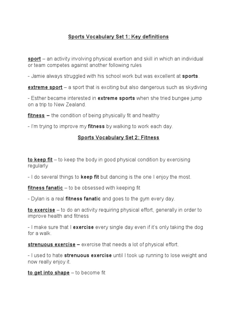 Essential Sports Vocabulary Definitions | PDF | Physical Fitness ...