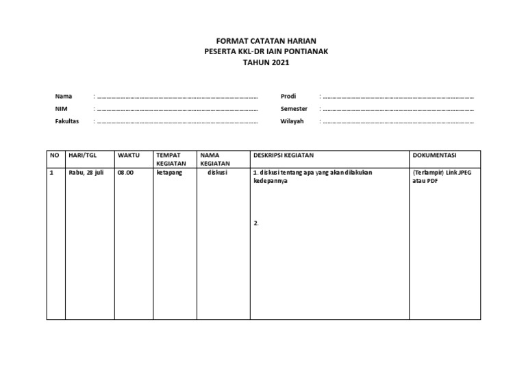 Contoh Format Catatan Harian Peserta KKL DR 2021 | PDF
