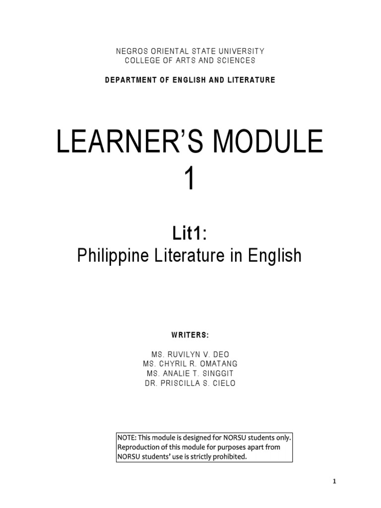 Learner'S Module 1: Philippine Literature in English | PDF | Narration | Plot (Narrative)