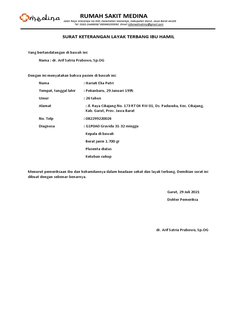 Surat Keterangan Layak Terbang Ibu Hamil | PDF