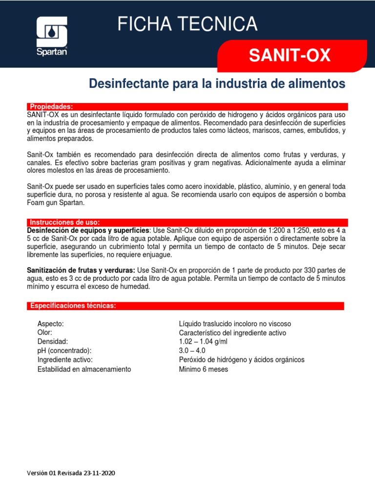 Sanit-Ox Ficha Tecnica V1 | PDF | Agua | Alimentos