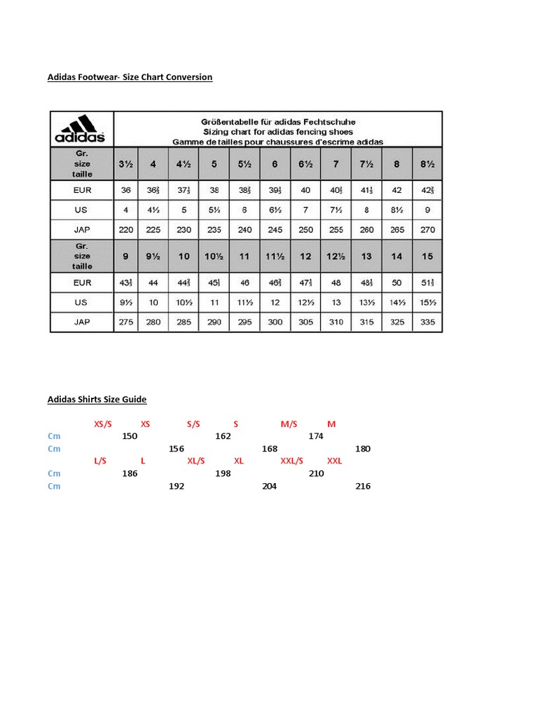Adidas Footwear-Size Chart Conversion: XS/S XS S/S S M/S M | PDF
