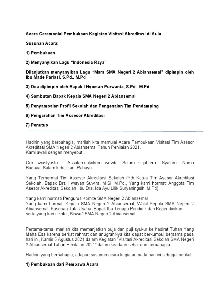 Script MC Akreditasi SMA Negeri 2 Abiansemal | PDF