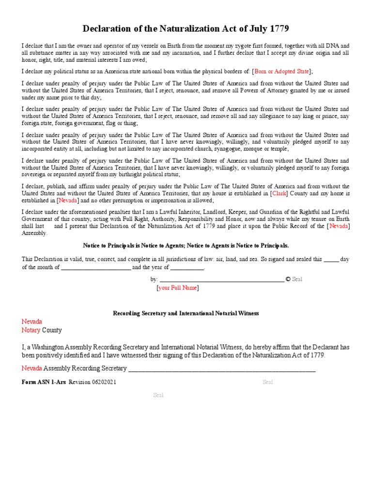 Declaration of the 1779 Naturalization Act | PDF | Common Law | Government