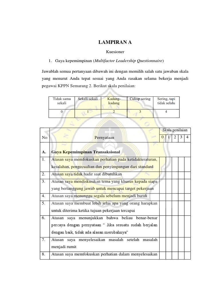 LAMPIRAN A. Kuesioner. 1. Gaya Kepemimpinan (Multifactor Leadership ...