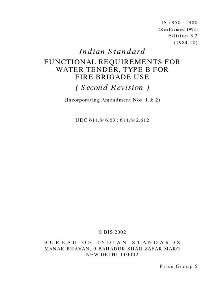 Indian Standard: Functional Requirements For Water Tender, Type B For ...