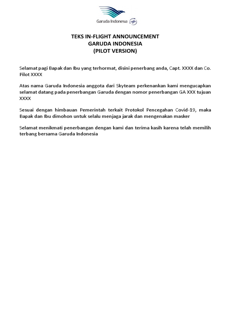 Teks in Flight Announcement Competition (Pilot Version) 30sec | PDF