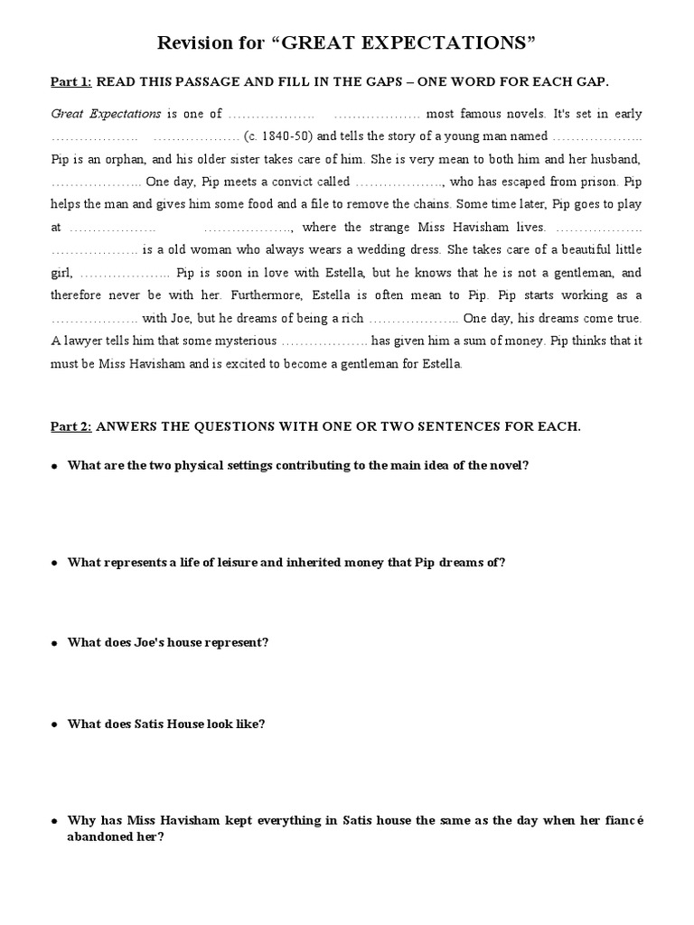 Great Expectations TEST - Key | PDF | Great Expectations | Estella ...