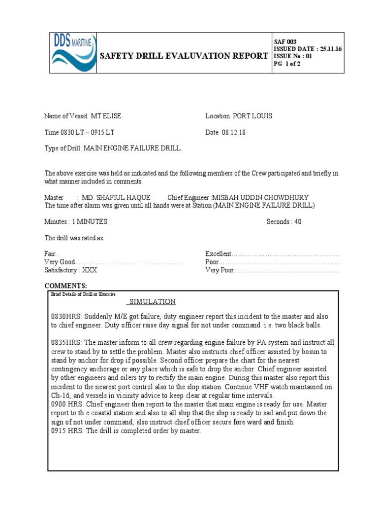 Safety Drill Evaluvation Report: Comments | PDF | Watercraft | Ships