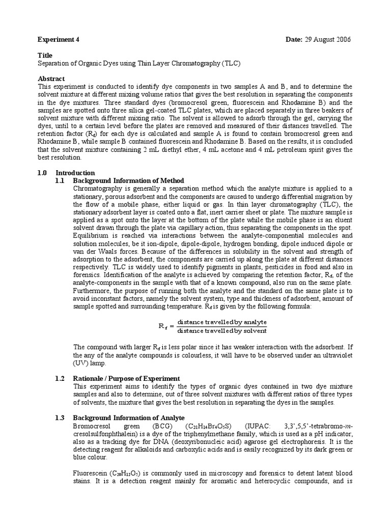 Thin Layer Chromatography Lab Report Experiment 04 | PDF | Thin Layer ...