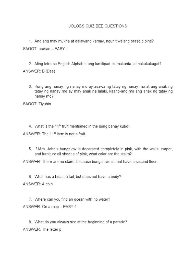 Jologs Quiz Bee Questions | PDF