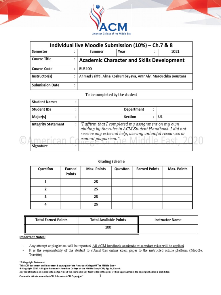 Individual Live Moodle Submission (10%) - Ch.7 & 8 Academic Character ...