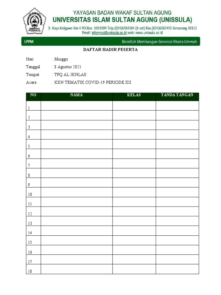 Daftar Hadir Peserta KKN Unissula | PDF