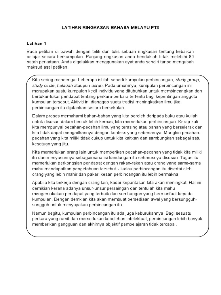 Latihan Ringkasan Bahasa Melayu PT3 (30 Nov) | PDF
