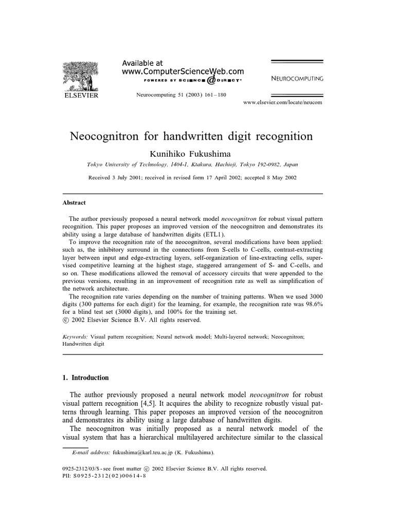 Neocognitron For Handwritten Digit Recognition: Kunihiko Fukushima ...