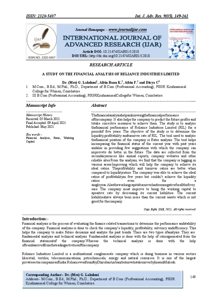 Financial Analysis of Reliance Industries | PDF | Working Capital ...