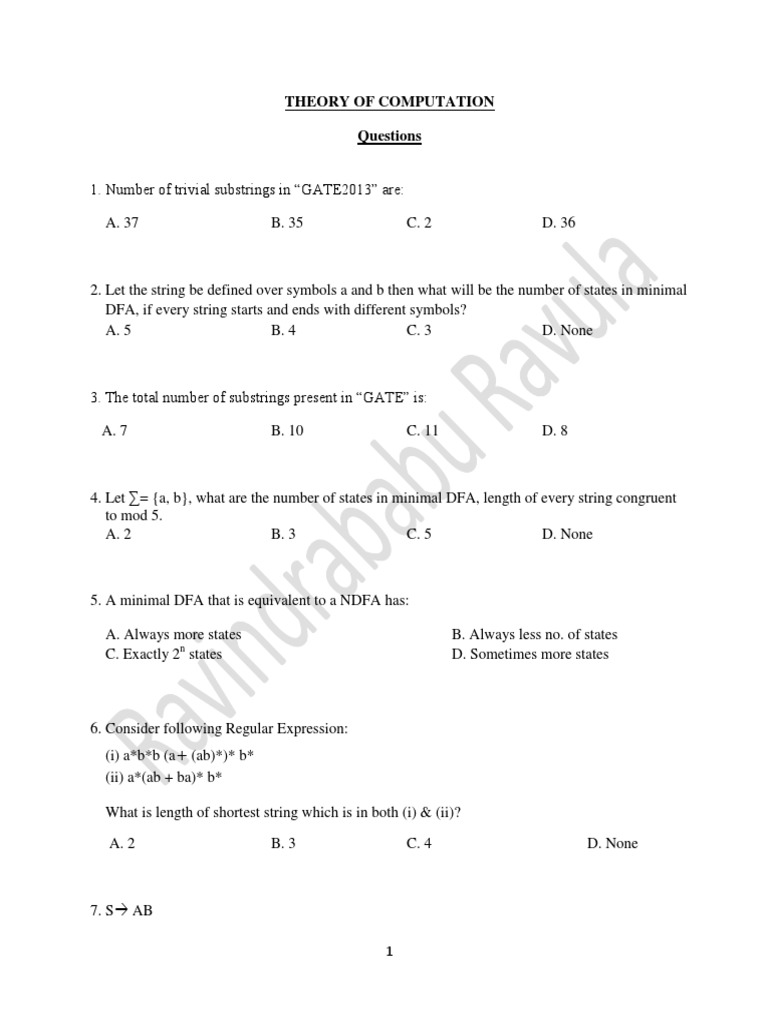 Theory of Computation Questions | PDF | String (Computer Science ...