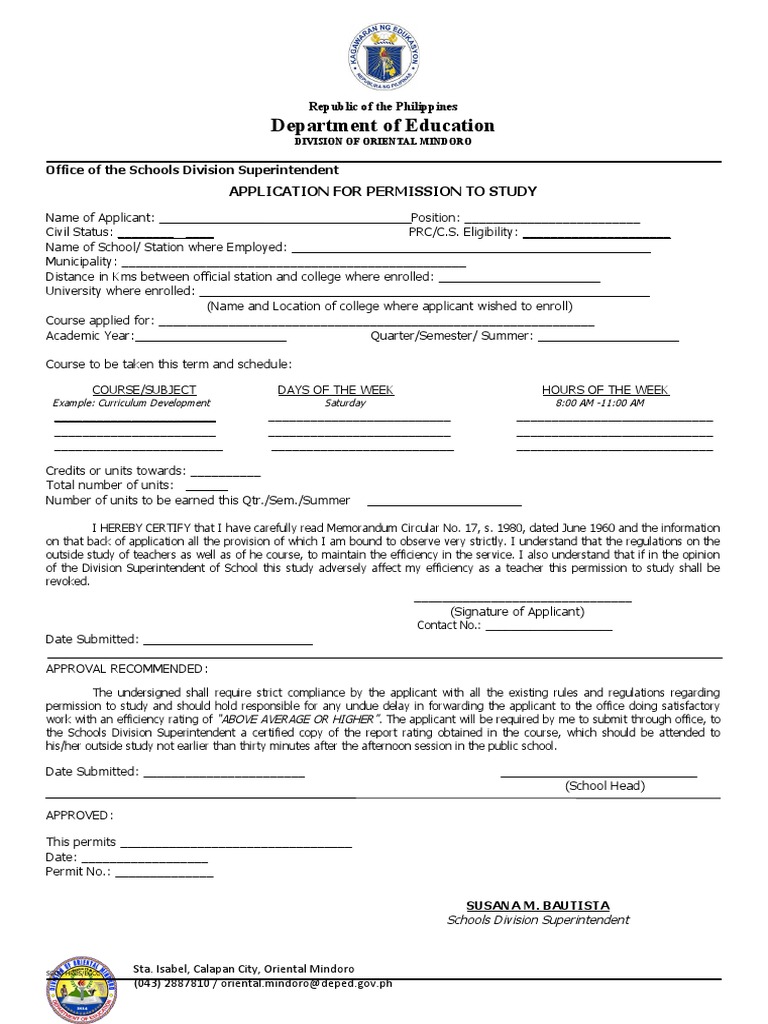 Permit To Study - Docx Version 1 | PDF | Teachers | College