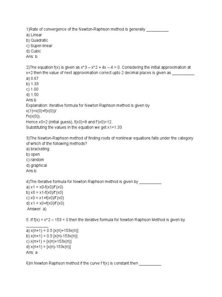 Newton Raphson Method MCQ | PDF | Mathematics Of Computing | Elementary ...