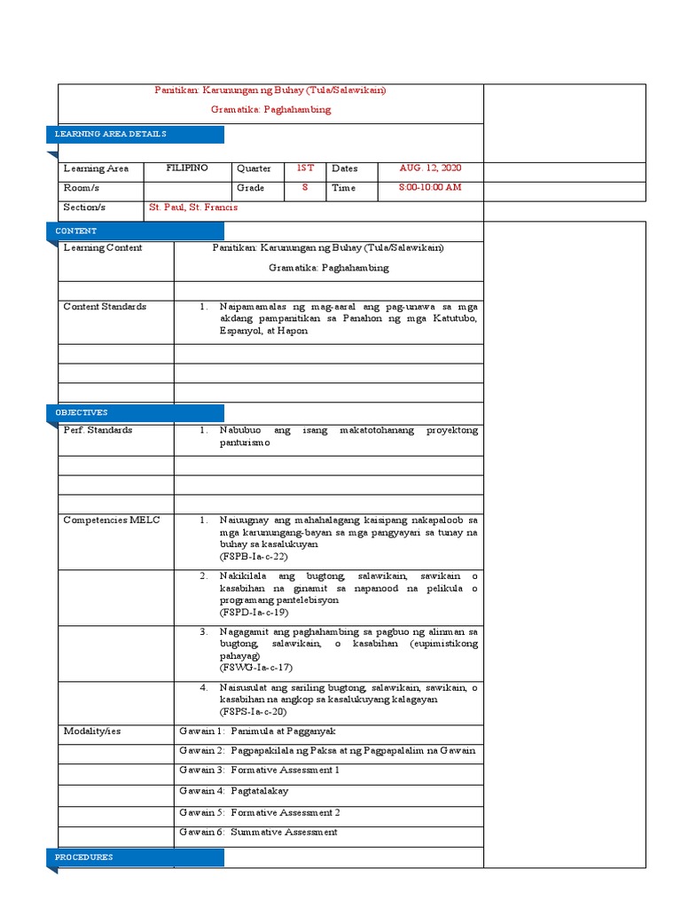 Panitikan Learning Plan | PDF