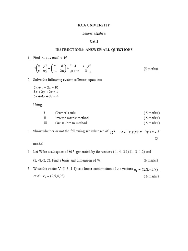 Kca University Linear Algebra Cat 1 Instructions: Answer All Questions | PDF