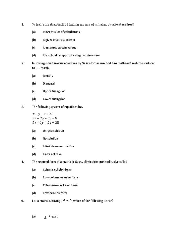 KCA Linear Algebra Multiple Choice Cat 2 | PDF | Matrix (Mathematics ...