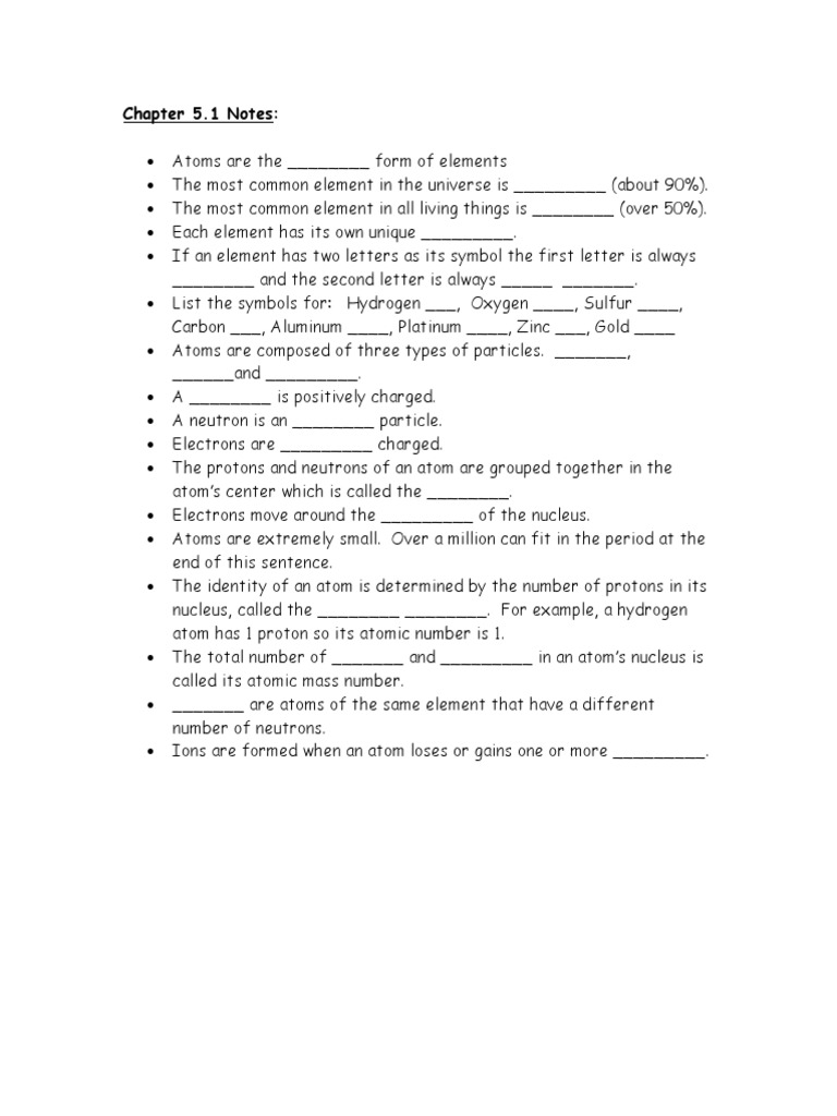 CH 5.1 and 5.2 Fill in The Blank Notes 3 | PDF | Atoms | Chemical Elements