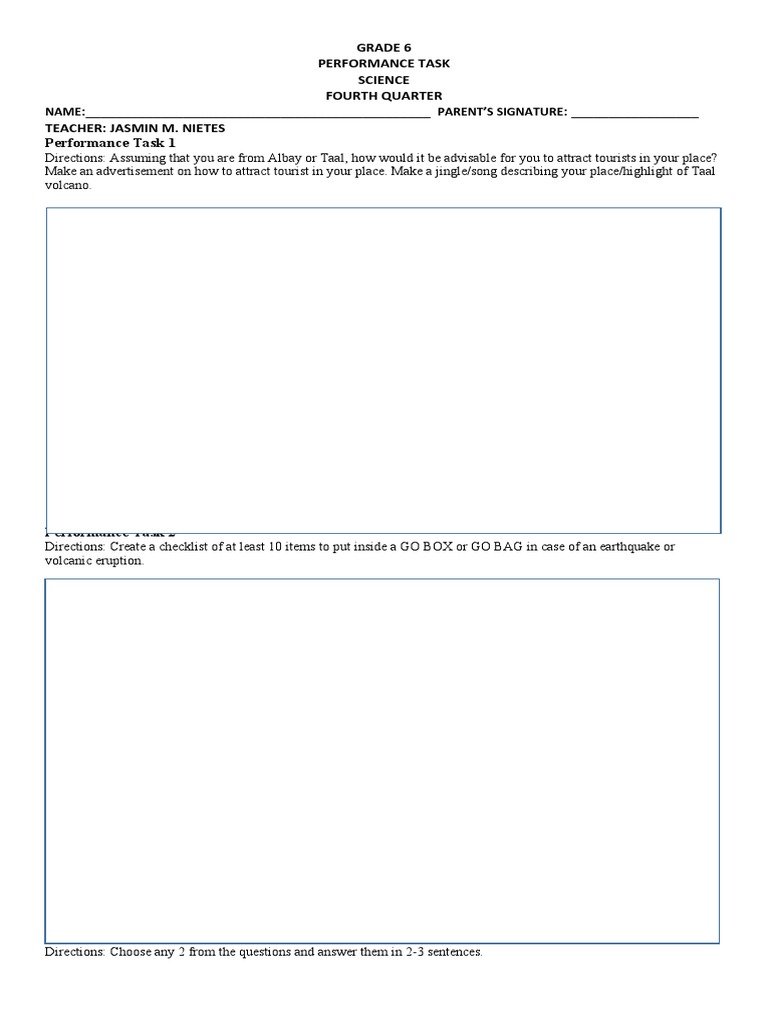Grade 6 Performance Task Science Fourth Quarter: - : - Teacher: Jasmin ...