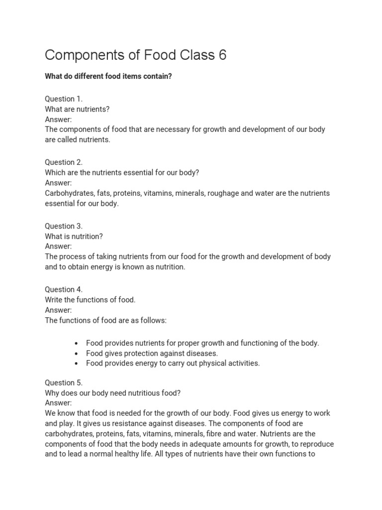 Components of Food Class 6 Questions and Answers | PDF | Nutrients ...