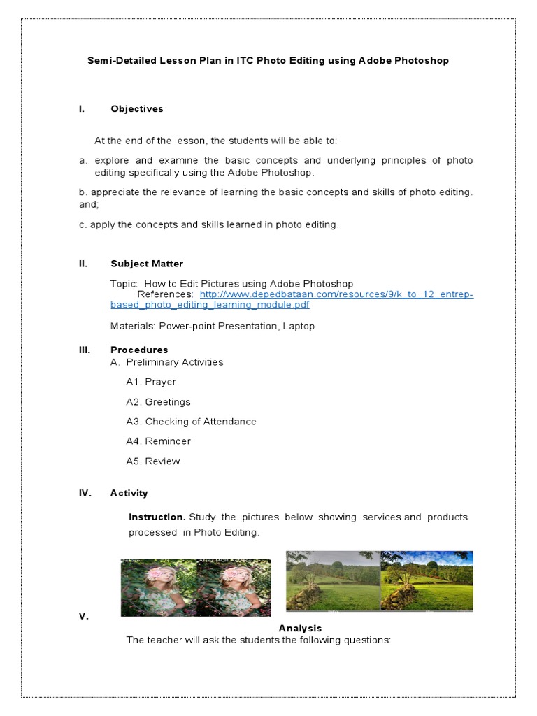 Semi-Detailed Lesson Plan in ITC Photo Editing Using Adobe Photoshop ...