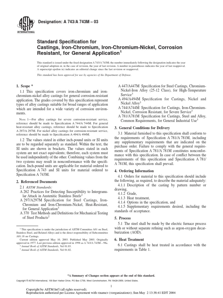 Astm A743 | PDF | Heat Treating | Steel