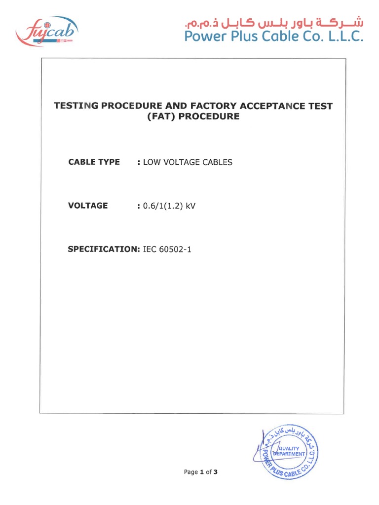 Testing & FAT Procedure LV Cables | PDF