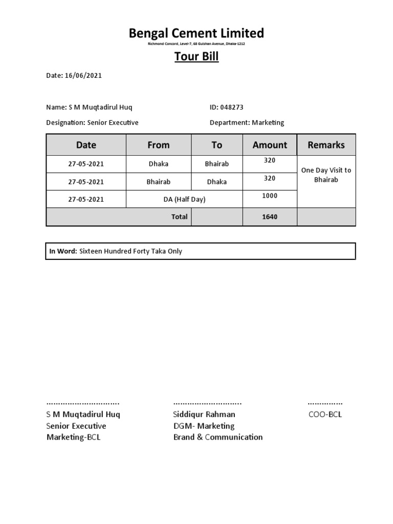 Bill Format (Tour) | PDF