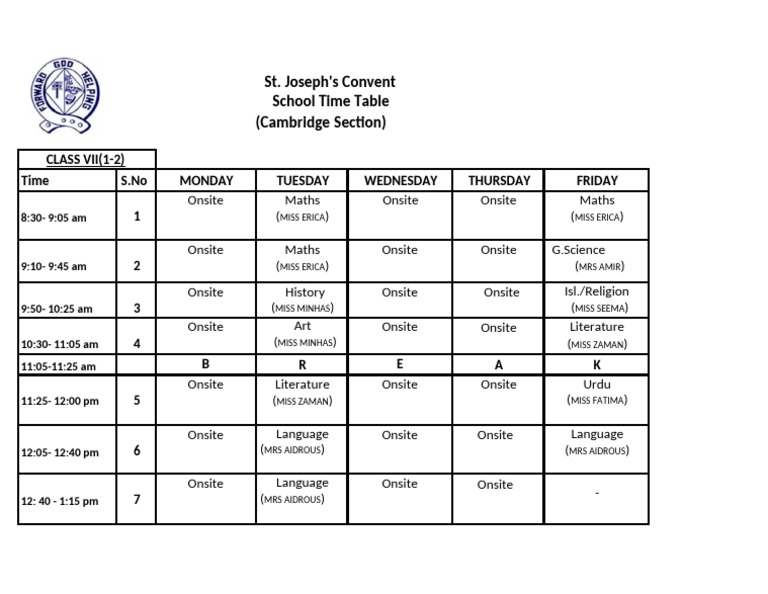 St. Joseph's Convent School Time Table (Cambridge Section) | PDF