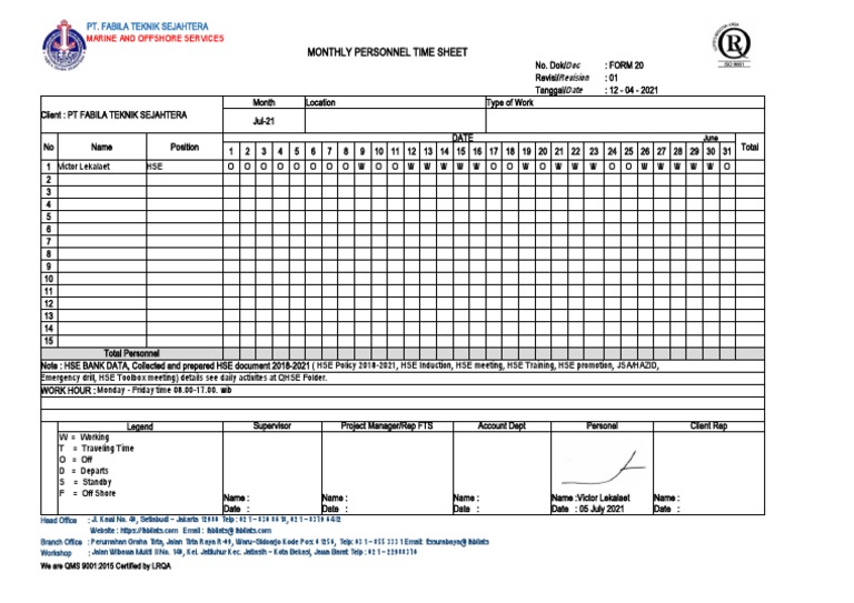 Form 20 Monthly Personnel Time Sheet, Rev 01 - July 2021 | PDF
