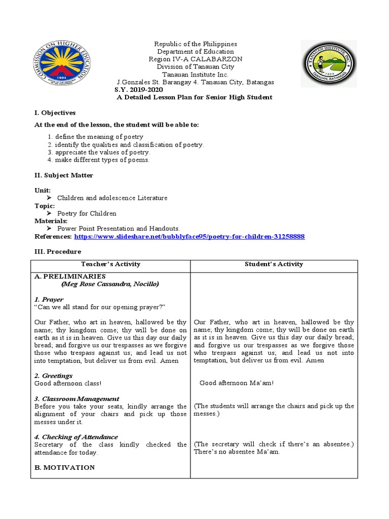 Poetry Lesson Plan for Children | PDF | Poetry | Narrative
