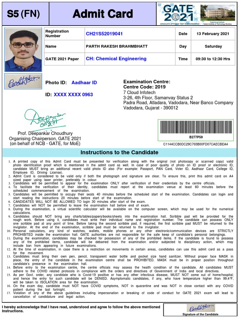 Admit Card: Examination Centre: Centre Code: 2019 ID: Photo ID | PDF ...