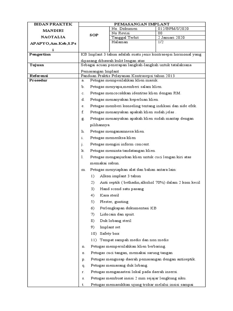 Sop Pemasangan Implan | PDF