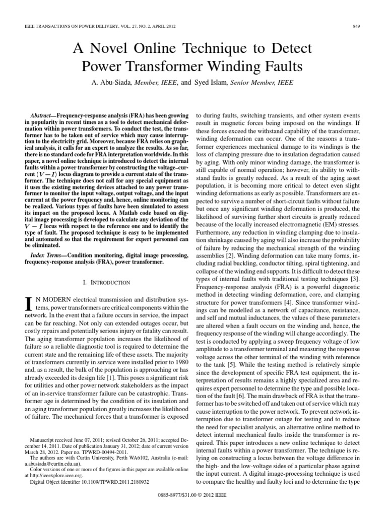 A Novel Online Technique To Detect Power Transformer Winding Faults | PDF | Transformer | Ellipse